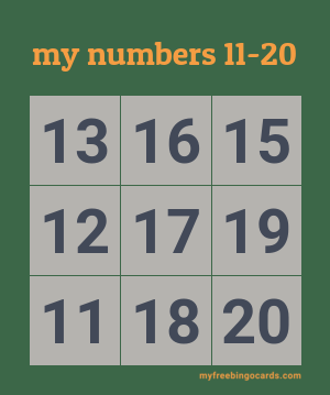 my numbers 11-20 bingo