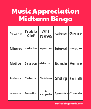 Music Appreciation Midterm Bingo