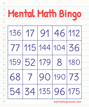 Mental Math Bingo