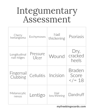 Integumentary Assessment Bingo