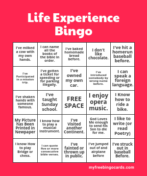 Life Experience Bingo