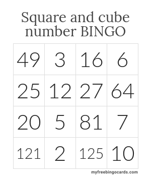 Square and cube number BINGO