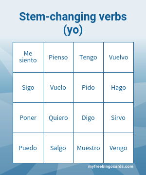 Print 100+ Stem-changing verbs (yo) Bingo Cards