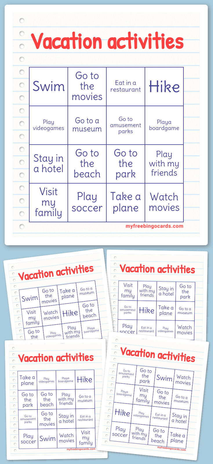 Virtual Vacation activities Bingo