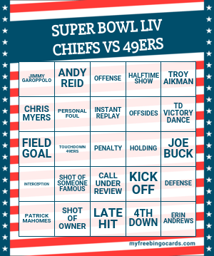 SUPER BOWL LIV CHIEFS VS 49ERS BINGO