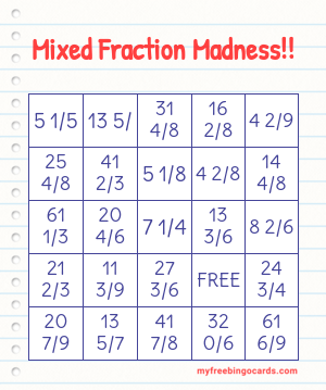 Print 100+ Mixed Fraction Madness!! Bingo Cards