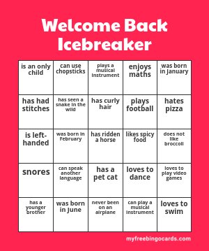 Welcome Back Icebreaker Bingo