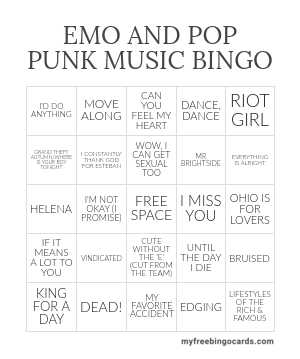 EMO AND POP PUNK MUSIC BINGO