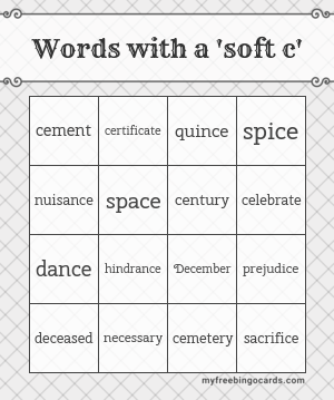 Words with a 'soft c' Bingo