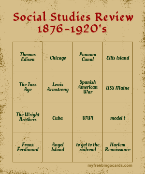 Social Studies Review 1876-1920's Bingo