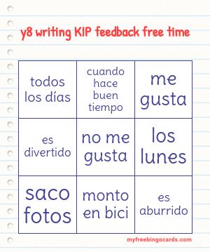 y8 writing KIP feedback free time Bingo