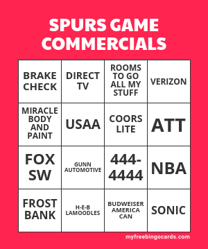 PRINT 100+ SPURS GAME COMMERCIALS BINGO CARDS