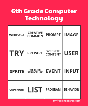 6th Grade Computer Technology Bingo