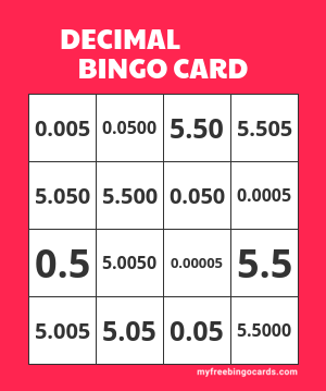 DECIMAL BINGO CARD
