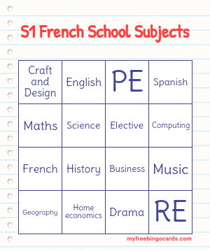 S1 French School Subjects Bingo