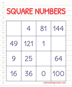 PRINT 100+ SQUARE NUMBERS BINGO CARDS