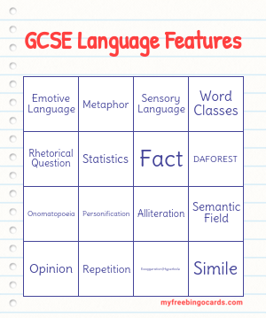 GCSE Language Features Bingo