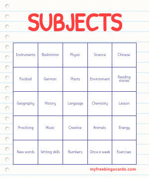 SUBJECTS BINGO