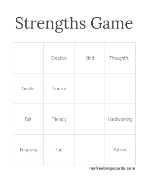 Print 100+ Strengths Game Bingo Cards