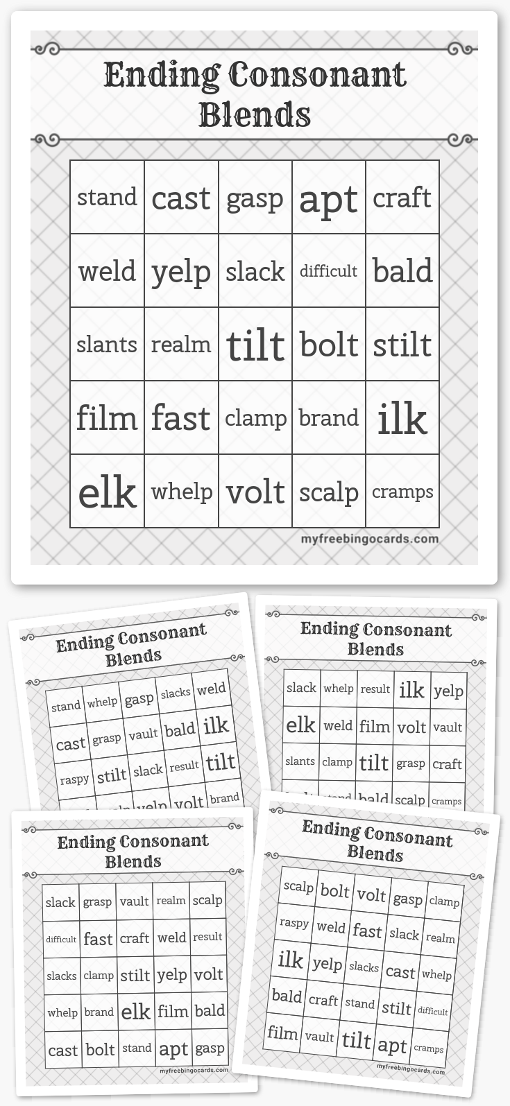 Virtual Ending Consonant Blends Bingo