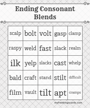 Ending Consonant Blends Bingo