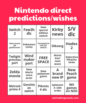 Nintendo direct predictions/wishes Bingo