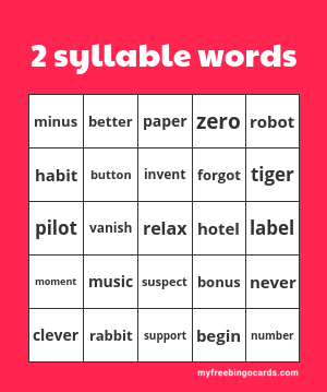 2 syllable words bingo
