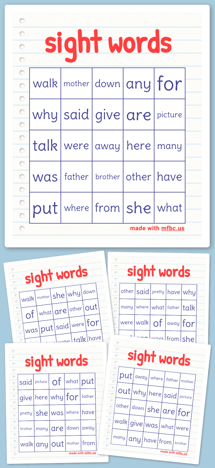 Virtual Sight Words Bingo