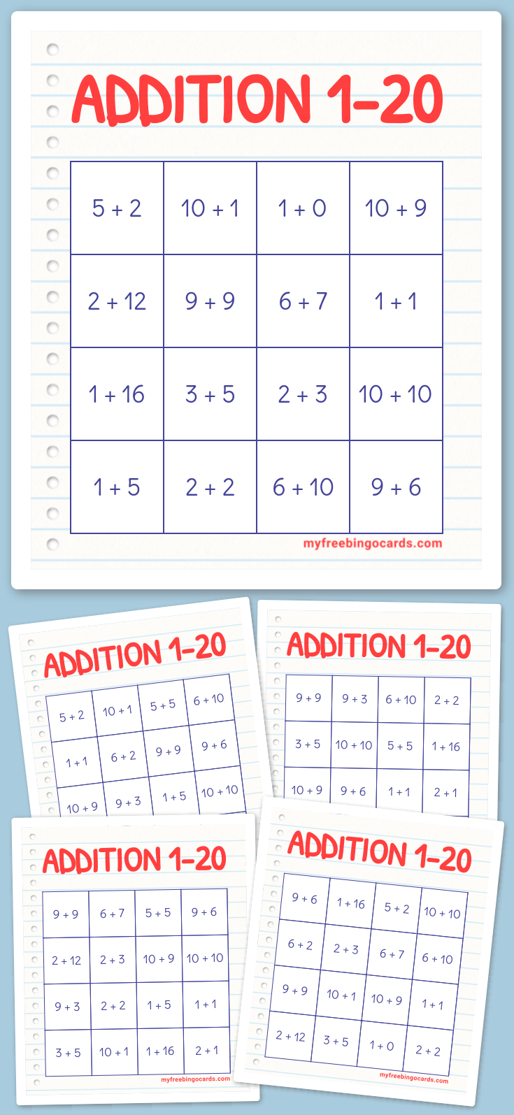 Virtual ADDITION 1-20 BINGO
