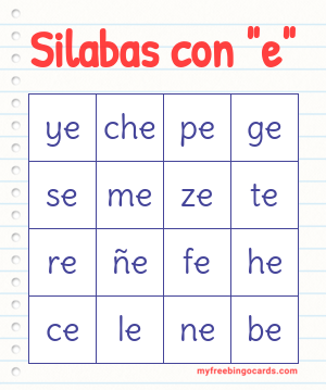Silabas con "e" Bingo