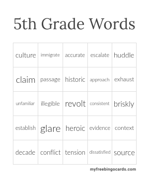 5th Grade Words Bingo