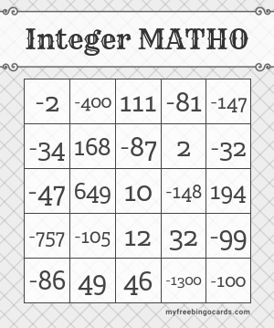 Integer MATHO Bingo
