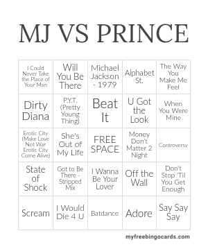 MJ VS PRINCE BINGO