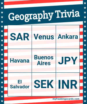 Geography Trivia Bingo