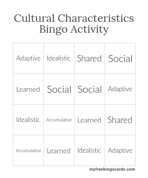 Cultural Characteristics Bingo Activity