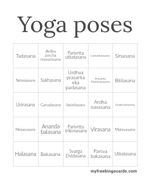 Yoga poses Bingo