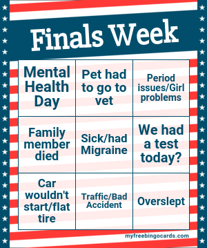 Finals Week Bingo