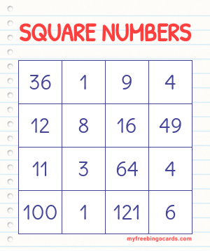 PRINT 100+ SQUARE NUMBERS BINGO CARDS