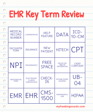 Print 100+ EMR Key Term Review Bingo Cards