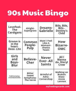 90s Music Bingo