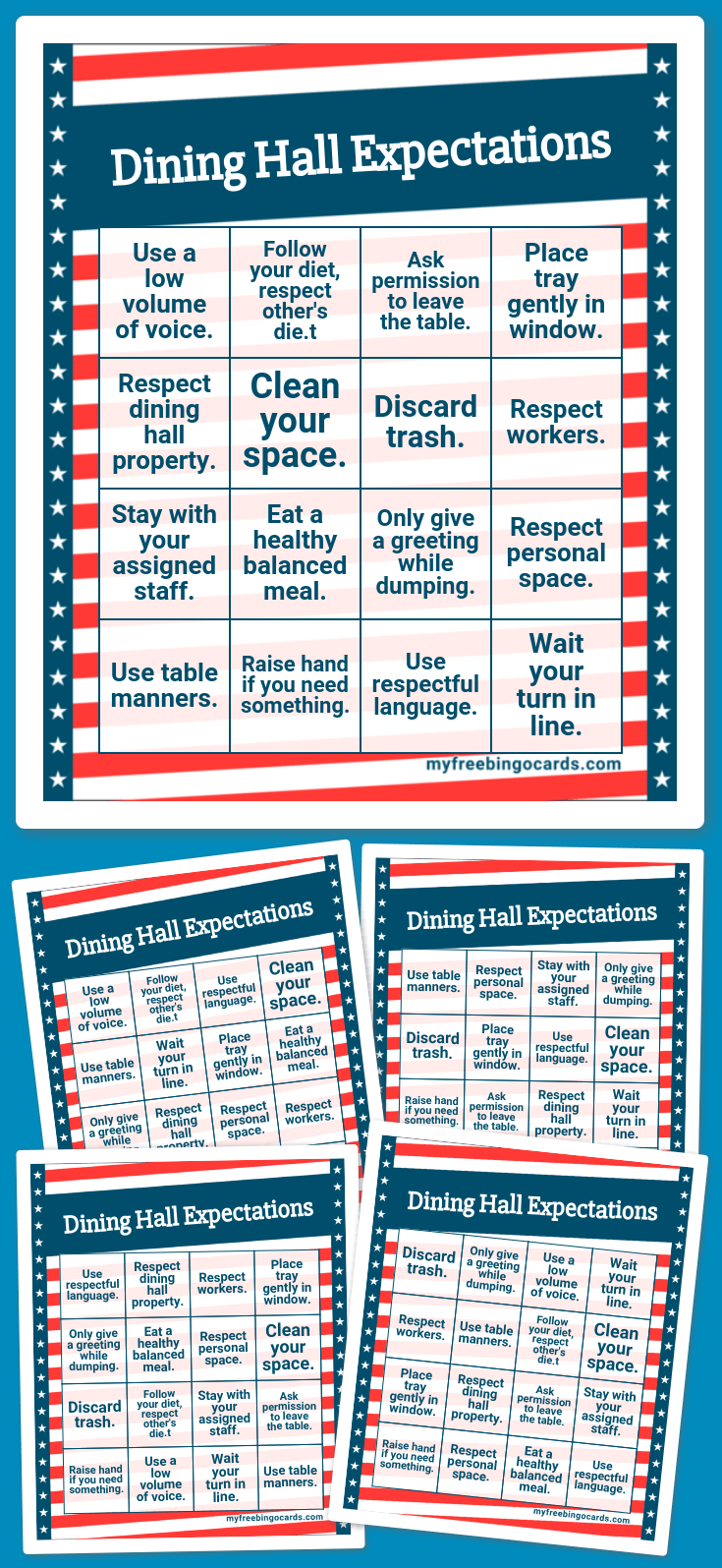 Virtual Dining Hall Expectations Bingo