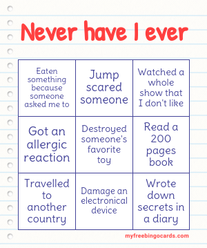 Never have I ever Bingo