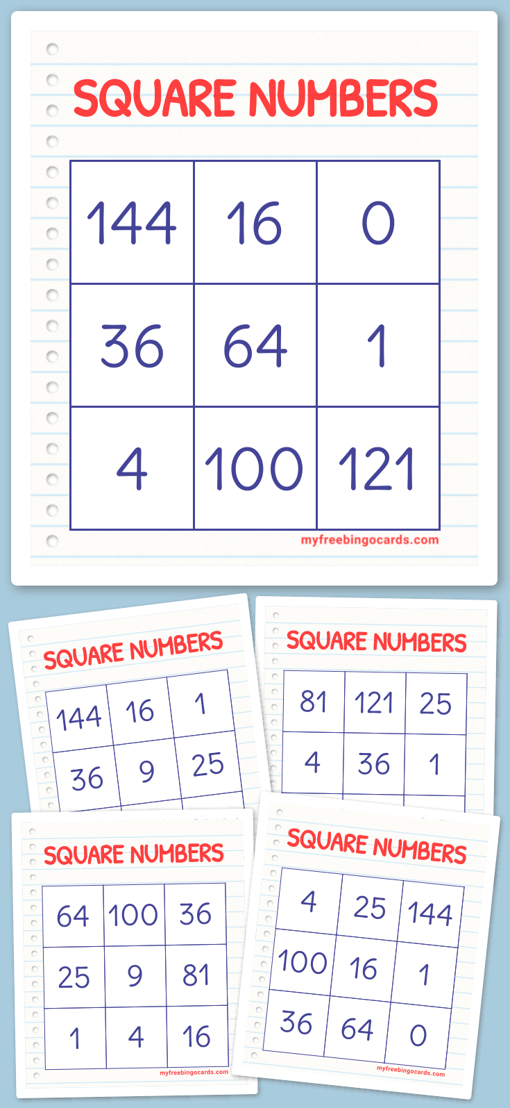 Virtual SQUARE NUMBERS BINGO