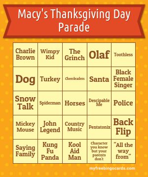 Macy's Thanksgiving Day Parade Bingo