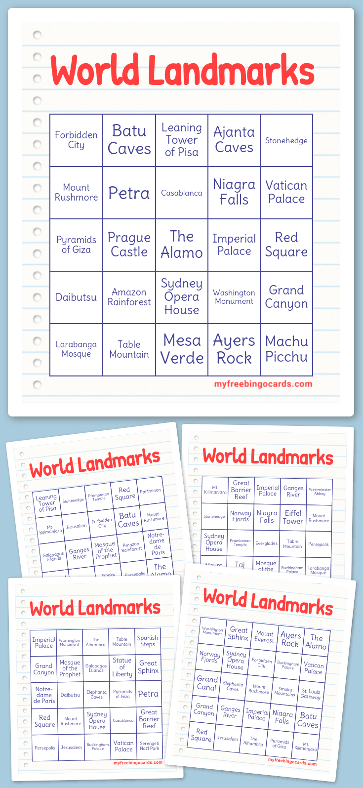 Virtual World Landmarks Bingo