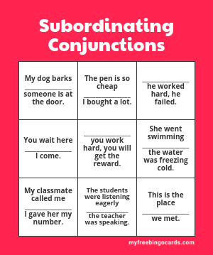 Subordinating Conjunctions Bingo