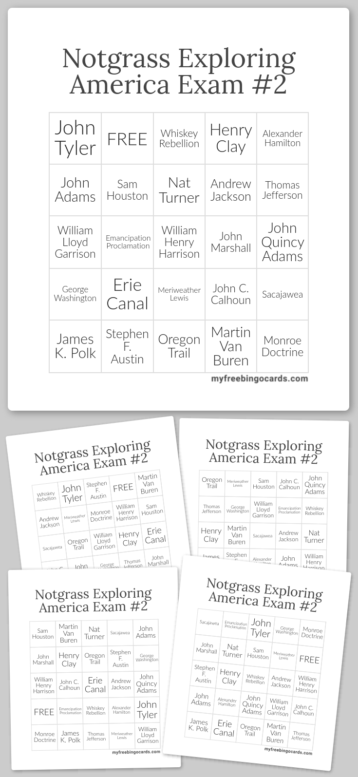 Virtual Notgrass Exploring America Exam #2 Bingo