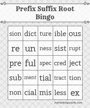 Prefix Suffix Root Bingo