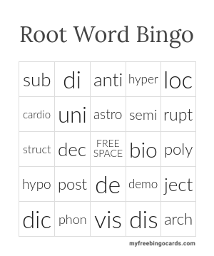 Print 100+ Root Word Bingo Cards
