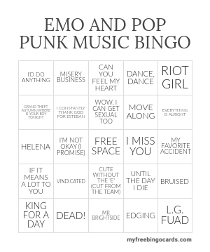 EMO AND POP PUNK MUSIC BINGO